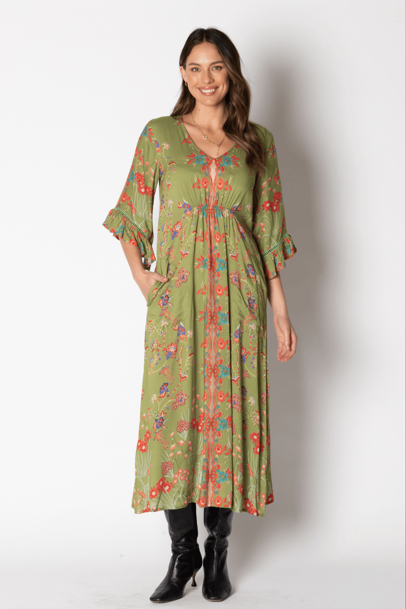Lula Soul Barcelona Shirred Midi Dress -Olive – OZ RESORT